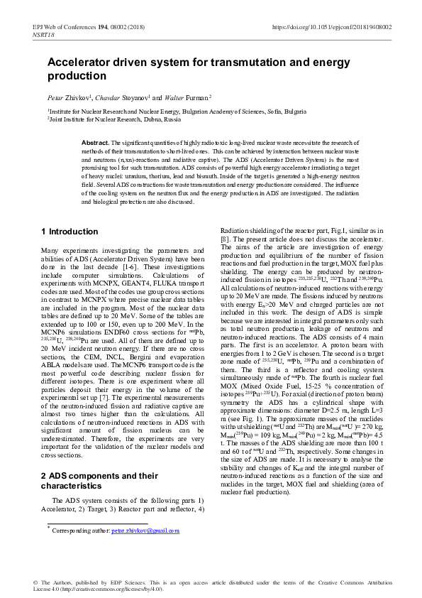 (PDF) Accelerator driven system for transmutation and energy production