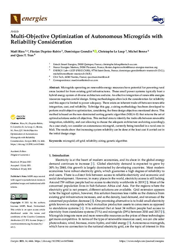 (PDF) Multi-Objective Optimization of Autonomous Microgrids with Reliability Consideration