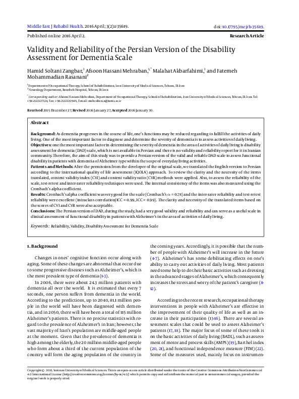 (PDF) Validity and Reliability of the Persian Version of the Disability Assessment for Dementia ...