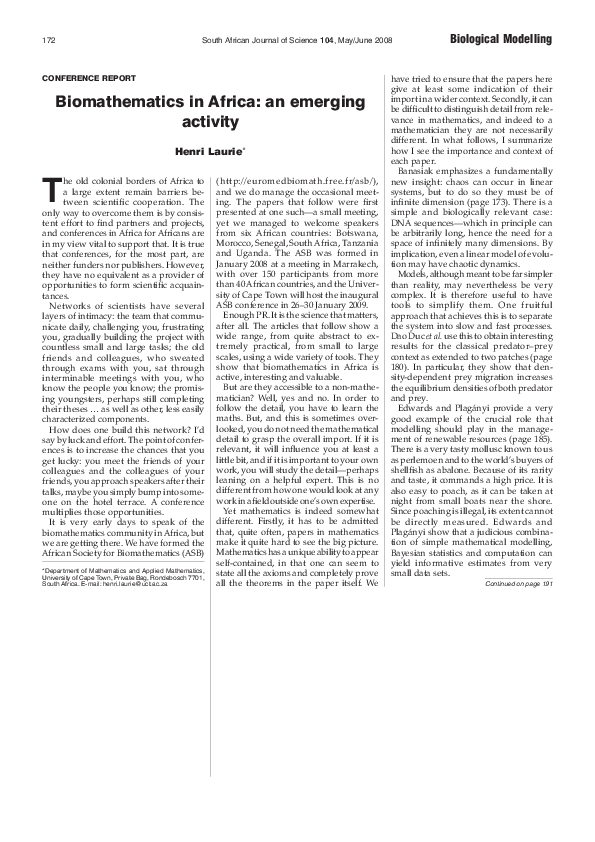 (PDF) Biomathematics in Africa: an emerging activity