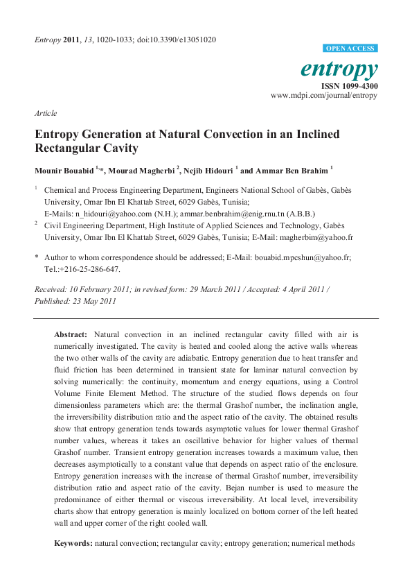 Pdf Article Entropy Generation At Natural Convection In An Inclined