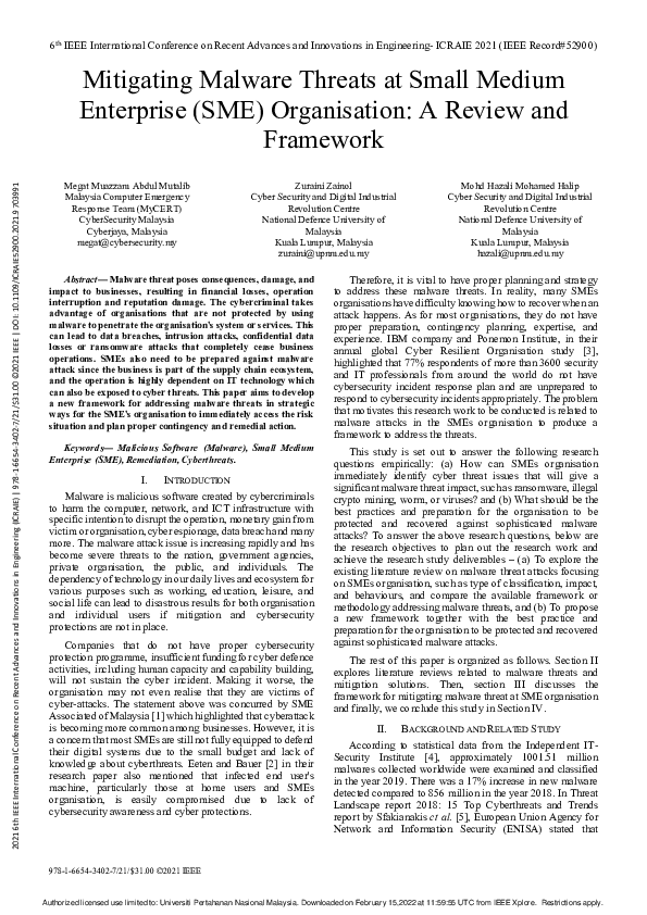 (PDF) Mitigating Malware Threats at Small Medium Enterprise (SME) Organisation: A Review and ...