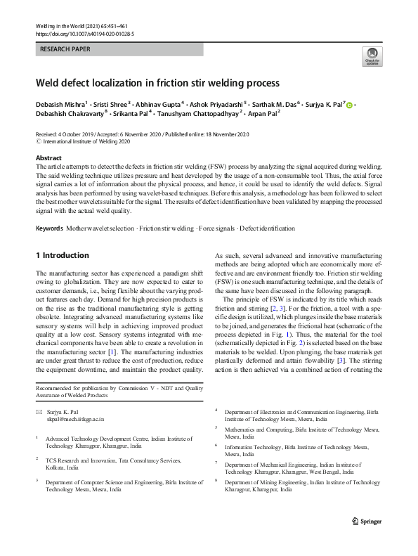 (PDF) Weld defect localization in friction stir welding process