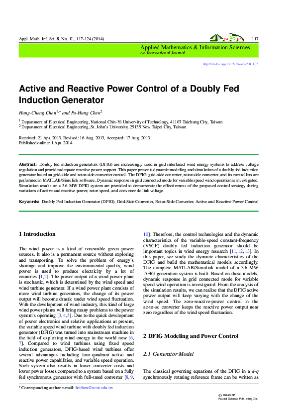 Pdf Active And Reactive Power Control Of A Doubly Fed Induction Generator Ibrahima Ngom