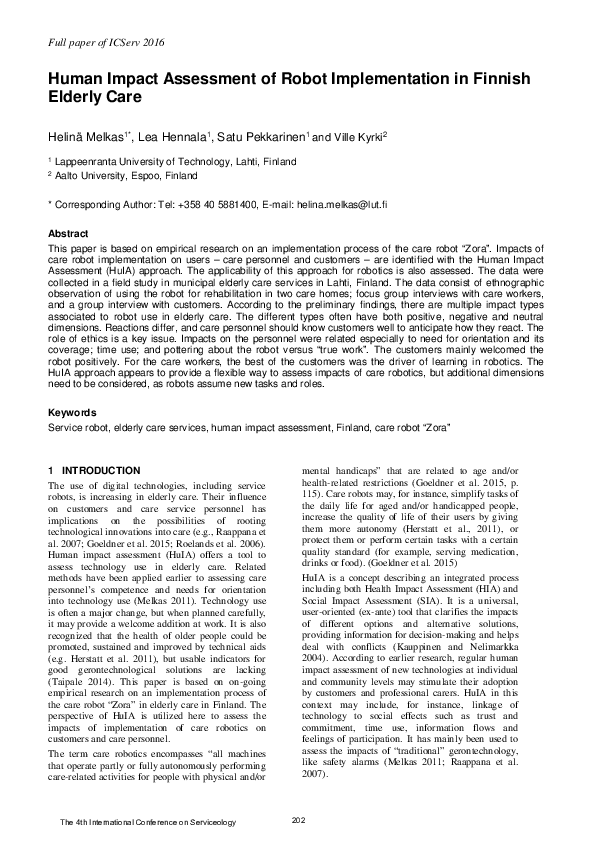 (PDF) Human Impact Assessment of Robot Implementation in Finnish ...