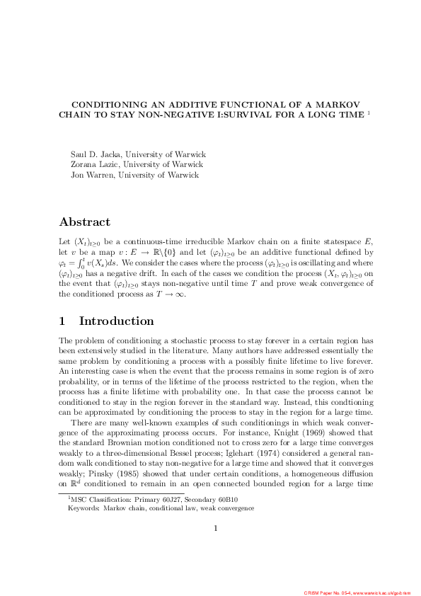 (PDF) Conditioning an Additive Functional of a Markov Chain to Stay Non-Negative I:Survival for ...