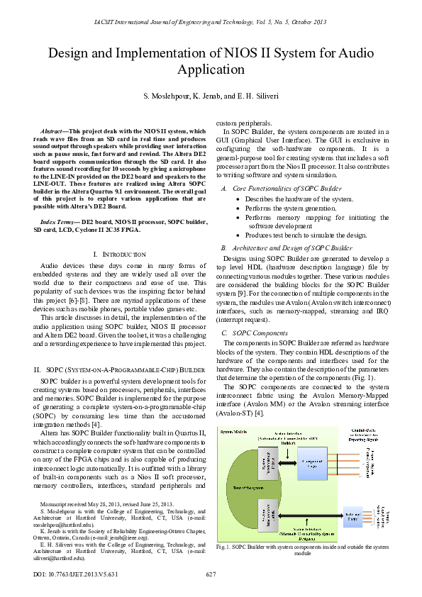 Pdf Design And Implementation Of Nios Ii System For Audio Application