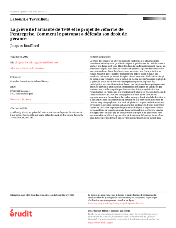 (PDF) La grève de l'amiante de 1949 et le projet de réforme de l ...
