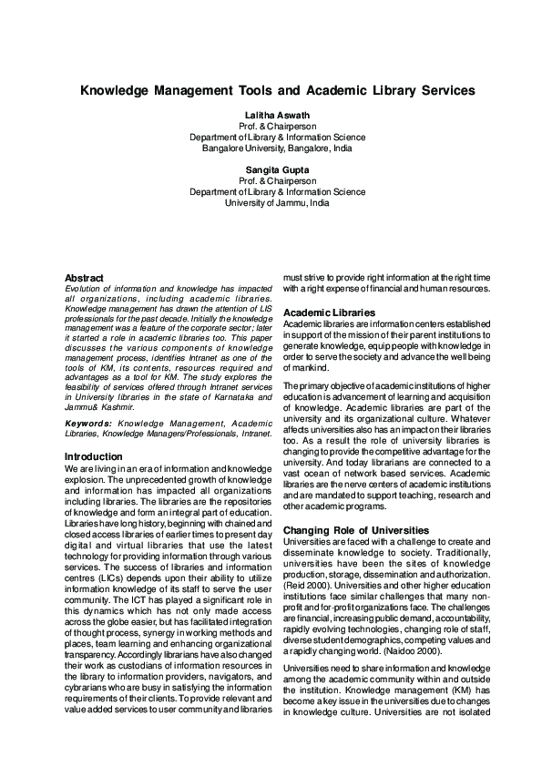 (PDF) Knowledge Management Tools and Academic Library Services