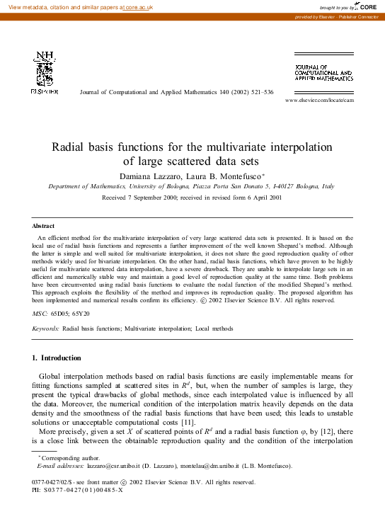 (PDF) Radial basis functions for the multivariate interpolation of large scattered data sets