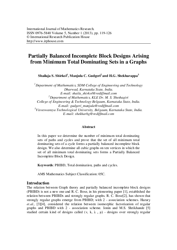 (PDF) Partially Balanced Incomplete Block Designs Arising from Minimum Total Dominating Sets in ...