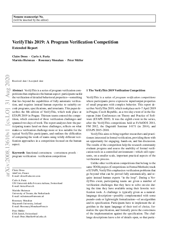 (PDF) VerifyThis 2019: A Program Verification Competition (Extended Report)