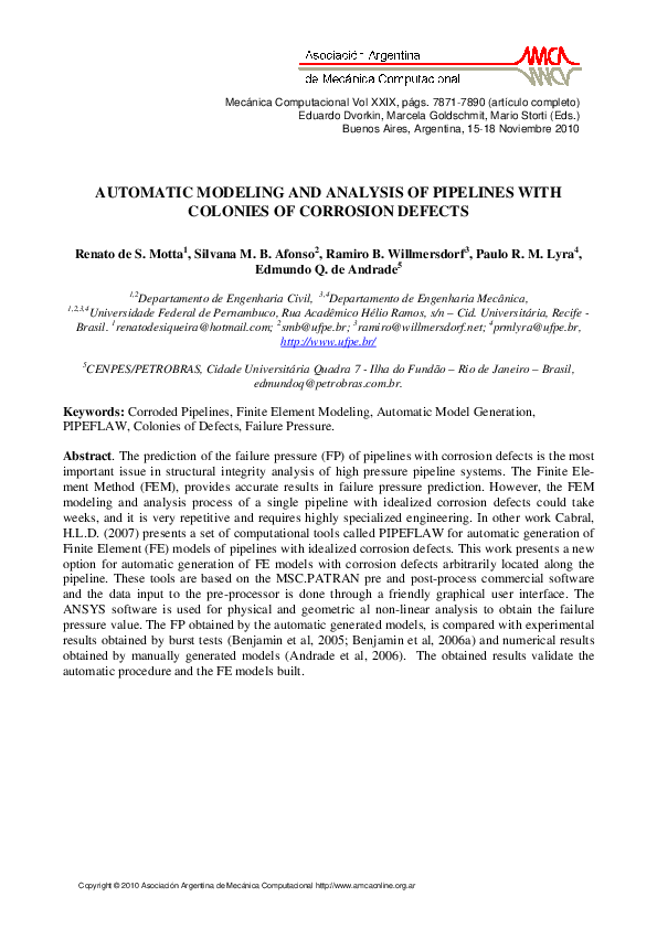 (PDF) Automatic Modeling and Analysis of Pipelines with Colonies of Corrosion Defects
