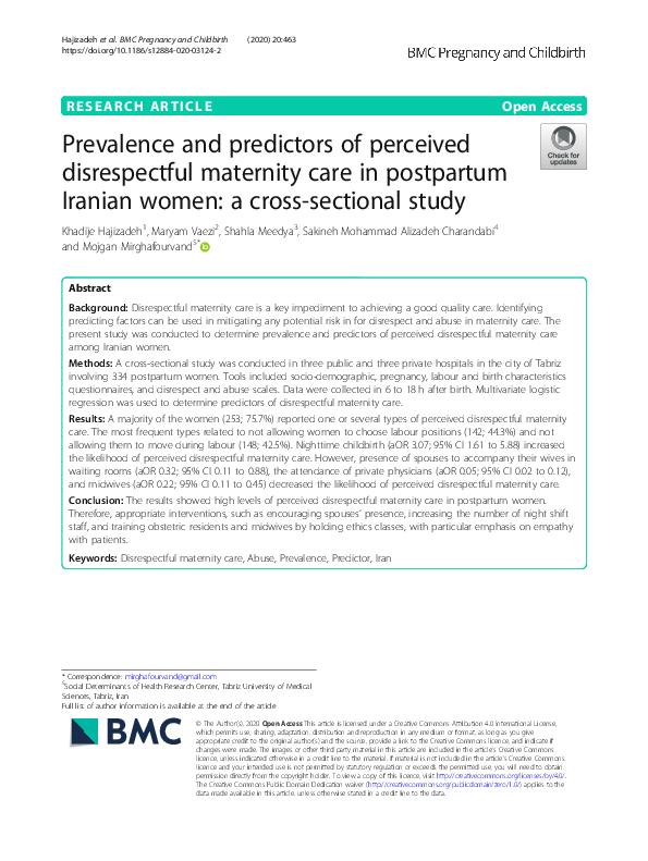 (PDF) Prevalence and predictors of perceived disrespectful maternity ...