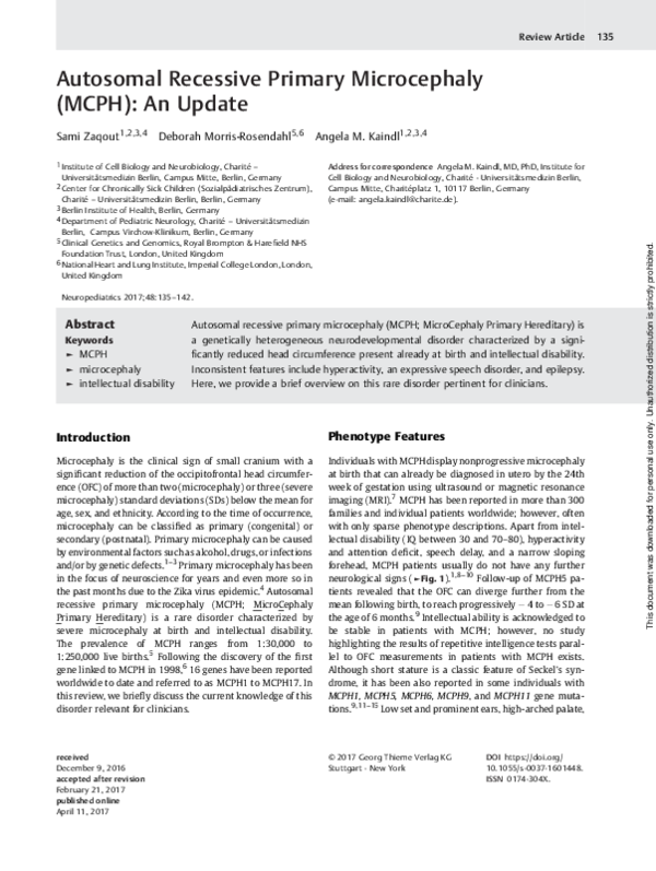 (PDF) Autosomal Recessive Primary Microcephaly (MCPH): An Update