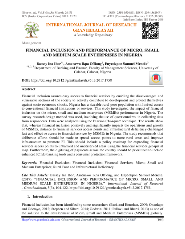 (PDF) Financial Inclusion and Performance of Micro, Small and Medium Scale Enterprises in Nigeria