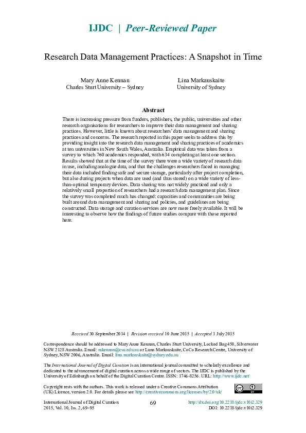 (PDF) IJDC | Peer-Reviewed Paper Research Data Management Practices: A ...