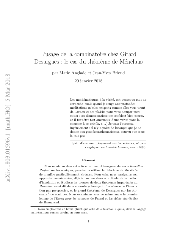 (PDF) L'usage de la combinatoire chez Girard Desargues : le cas du ...