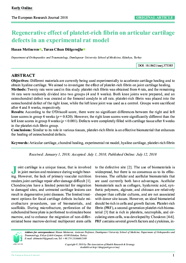 (PDF) Regenerative effect of platelet-rich fibrin on articular ...