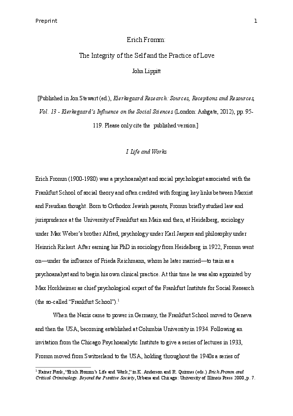 (DOC) Erich Fromm: the integrity of the self and the practice of love