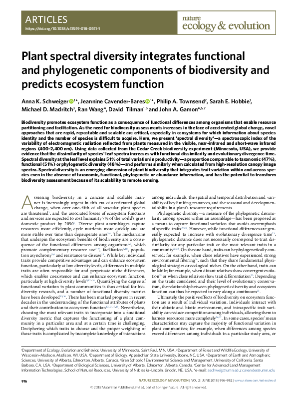 (PDF) Plant spectral diversity integrates functional and phylogenetic ...