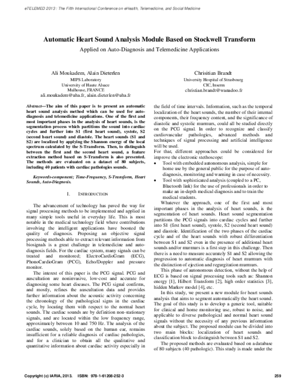 (PDF) Automatic Heart Sound Analysis Module Based on Stockwell Transform Applied on Auto ...