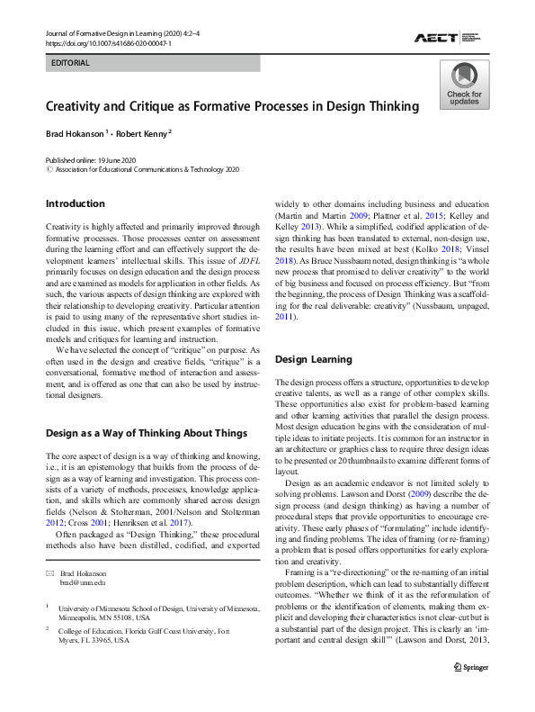 (PDF) Creativity and Critique as Formative Processes in Design Thinking