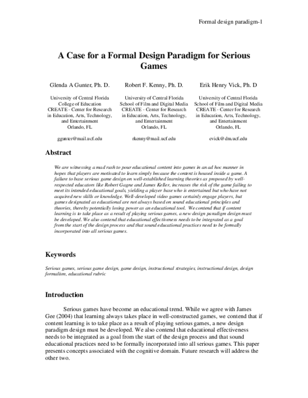 (PDF) A case for a formal design paradigm for serious games