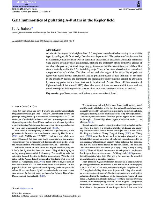(PDF) Gaia luminosities of pulsating A-F stars in the Kepler field