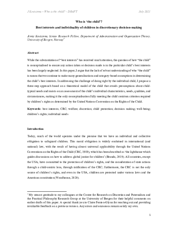 (PDF) Who Is ‘The Child’? Best Interests and Individuality of Children ...