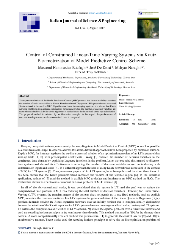 Pdf Control Of Constrained Linear Time Varying Systems Via Kautz