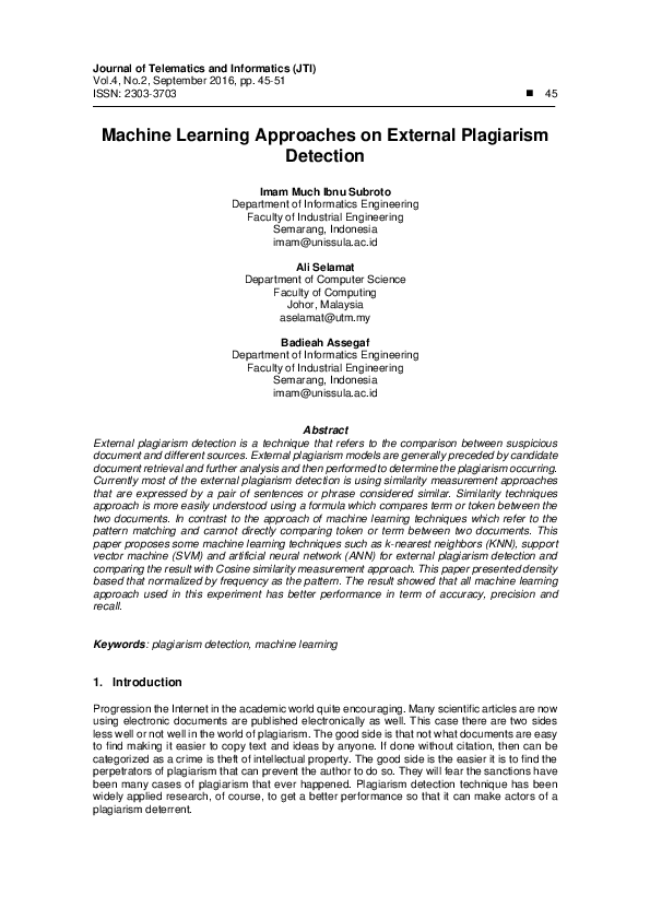 (PDF) Machine Learning Approaches on External Plagiarism Detection