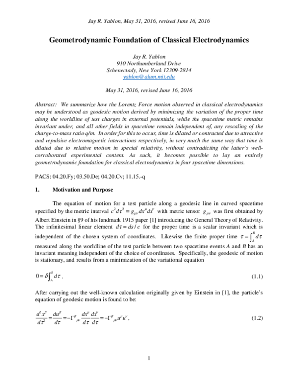 (PDF) Geometrodynamic Foundation of Classical Electrodynamics | Jay R . Yablon - Academia.edu