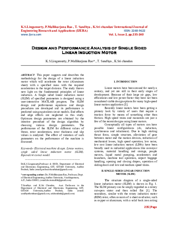 (PDF) Design and Performance Analysis of Single Sided Linear Induction Motor