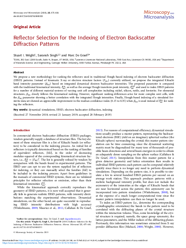 (PDF) Reflector Selection for the Indexing of Electron Backscatter Diffraction Patterns