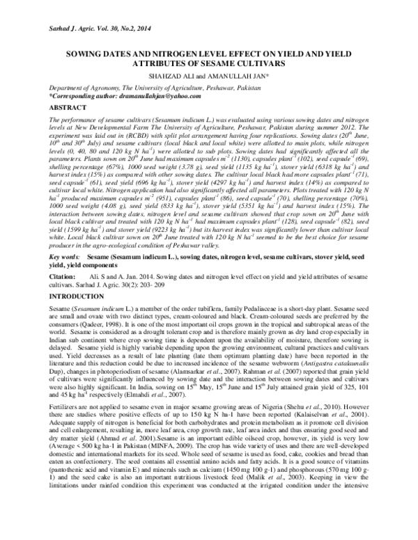 Pdf Sowing Dates And Nitrogen Level Effect On Yield And Yield