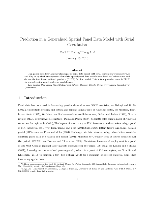 (PDF) Prediction in a Generalized Spatial Panel Data Model with Serial Correlation