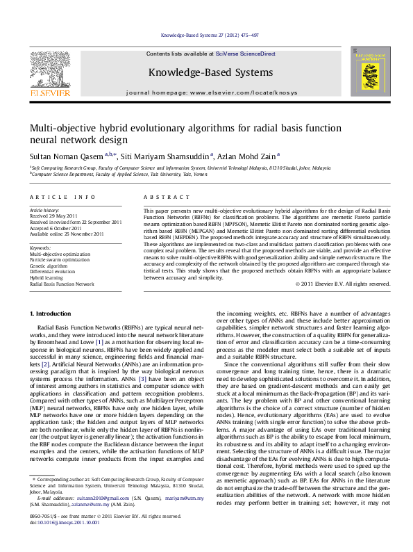 Pdf Multi Objective Hybrid Evolutionary Algorithms For Radial Basis