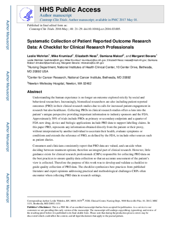 (PDF) Systematic collection of patient reported outcome research data ...