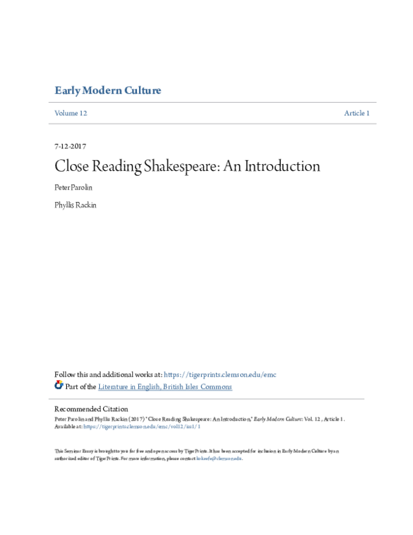 (PDF) Close Reading Shakespeare: An Introduction