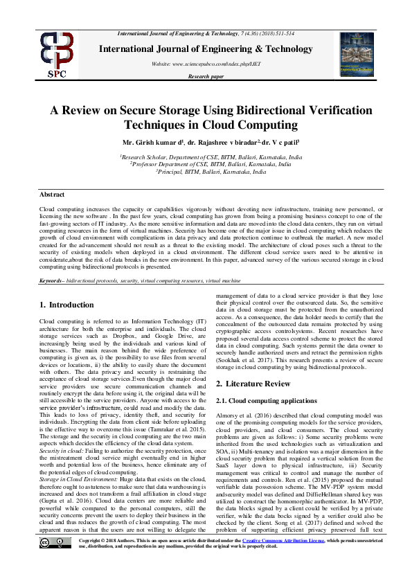 (PDF) A Review on Secure Storage Using Bidirectional Verification Techniques in Cloud Computing