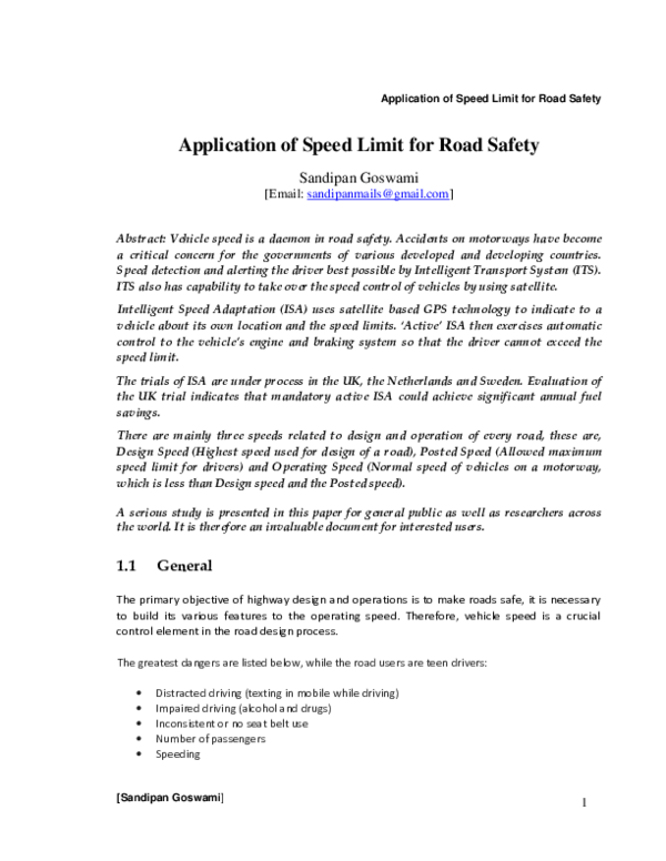 (PDF) Application of Speed Limit for Road Safety