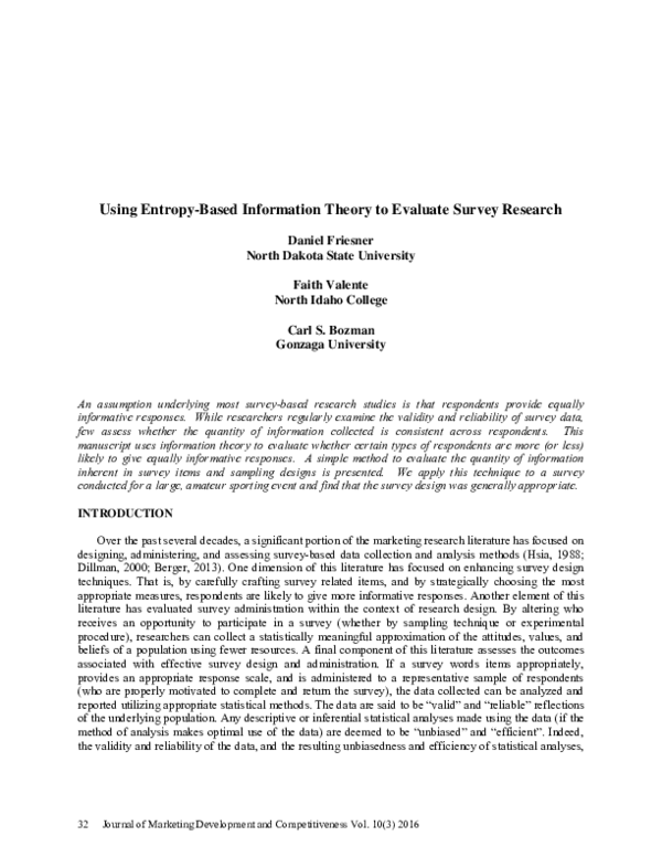 Pdf Using Entropy Based Information Theory To Evaluate Survey Research