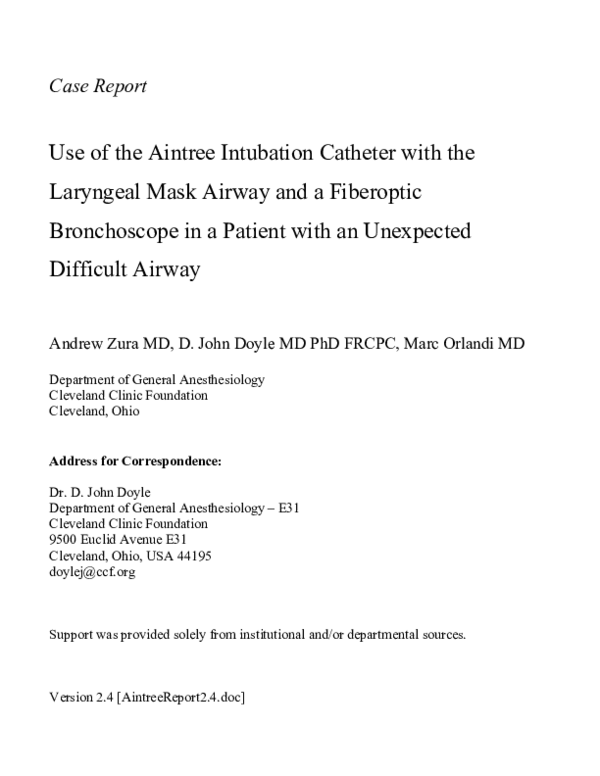 (PDF) Use of the Aintree Intubation Catheter with the Laryngeal Mask ...