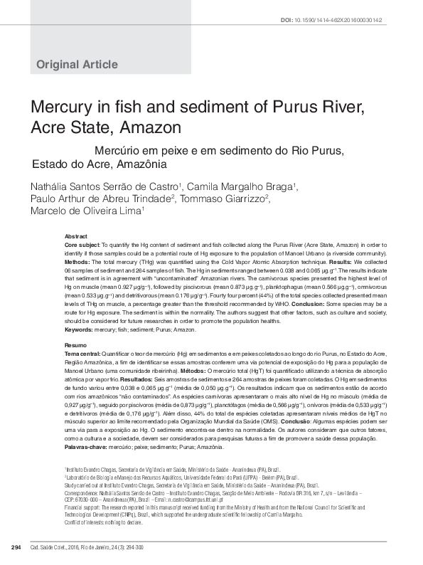 (PDF) Mercury in fish and sediment of Purus River, Acre State, Amazon