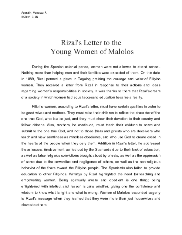 (DOC) Rizal's Letter to the Young Women of Malolos by Vanessa Agustin