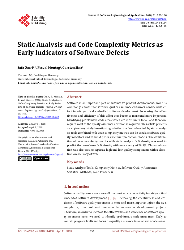 Pdf Static Analysis And Code Complexity Metrics As Early Indicators Of Software Defects 