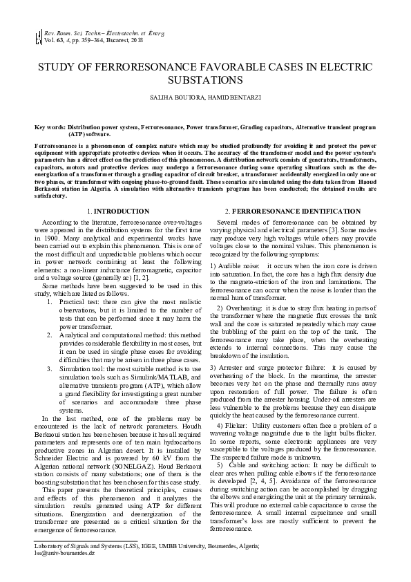 (PDF) Study of Ferroresonance Favorable Cases in Electric Substations