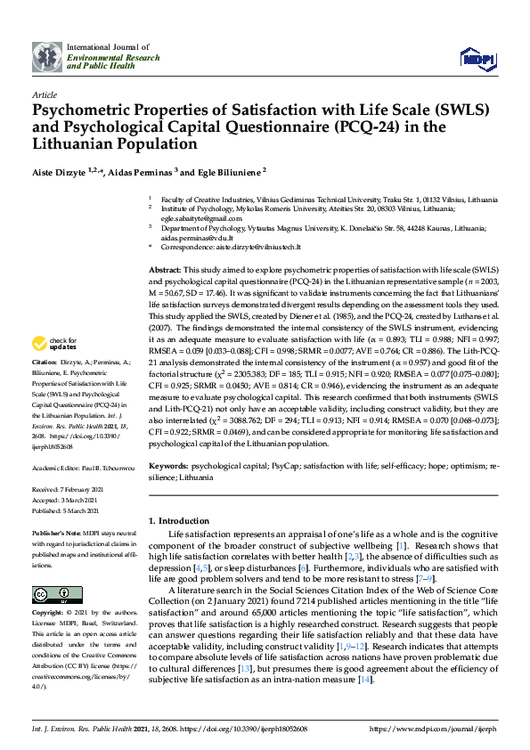 (PDF) Psychometric Properties of Satisfaction with Life Scale (SWLS ...