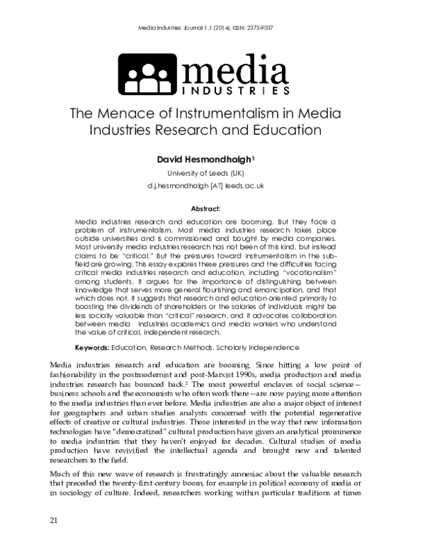 (PDF) The Menace of Instrumentalism in Media Industries Research and ...